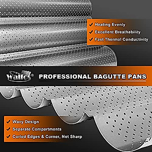 Walfos 2 Pack Nonstick Baguette Pans, No Coating Coming Off, Perforated 4 Loaves French Bread Pan, Durable Baguettes Bakery Tray for Baking Molding, 15" x 13"