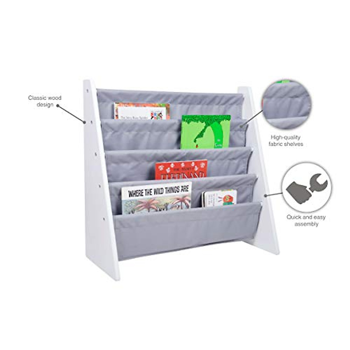 Wildkin Kids Canvas Sling Bookshelf for Boys and Girls, Wooden Design Features Four Fabric Shelves, Keep Bedrooms, Playrooms, and Classrooms Organized, Measures 25 x 24 x 11 Inches (White w/Gray)