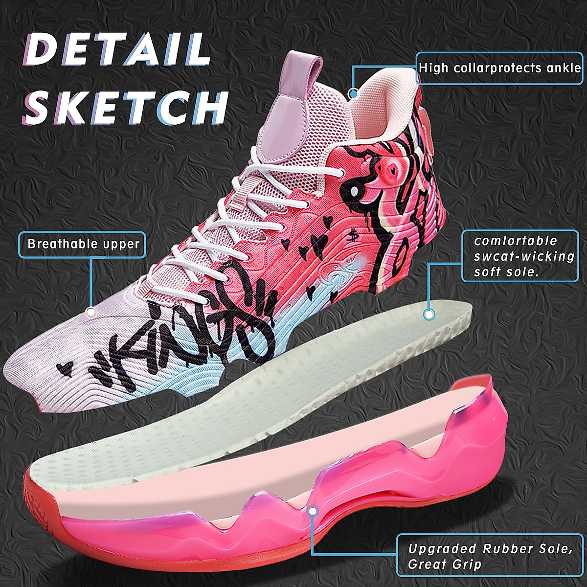 Promenie Men's High-Top Basketball Shoes Graffiti-Inspired Athletic Footwear with Superior Support Anti-Slip Design Outstanding Durability Pink Size 8.5