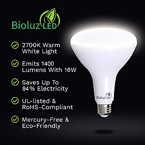 Bioluz LED 4 Pack Brightest BR40 LED Bulbs 90 CRI INSTANT ON Warm White 2700K 16W = 120W Replacement Bulb 1400 Lumen Indoor/Outdoor Smooth Dimmable Lamp UL Listed Title 20 Compliant
