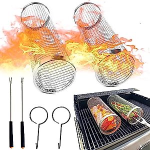ZHMZHM Roller Grill Basket-Round Stainless Steel BBQ Grill Mesh，Outdoor Round BBQ Grill Grid for Chips Fish Shrimp,Versatile Round Grill Cooking Accessories (2PCS-B)