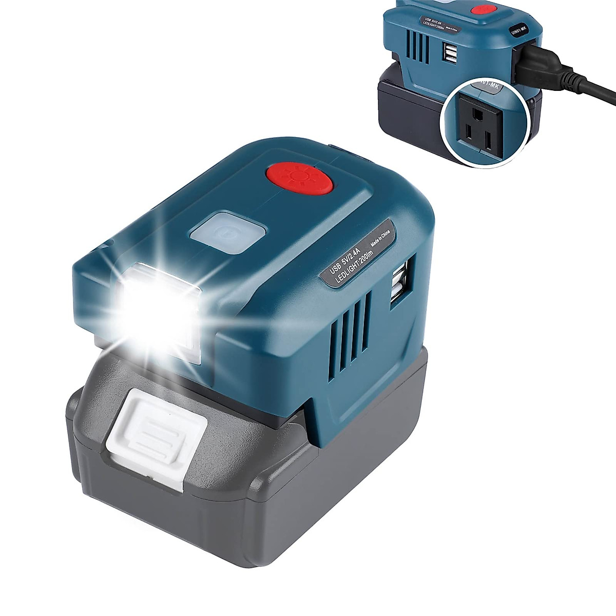 JJXNDO 150W Power Inverter for Makita 18V Lithium Battery BL1860 BL1850 BL1840 BL1830, DC 18V to AC 110~120V Portable Power Supply Charger Generator with AC Outlet & Dual USB Output & 200LM LED Light