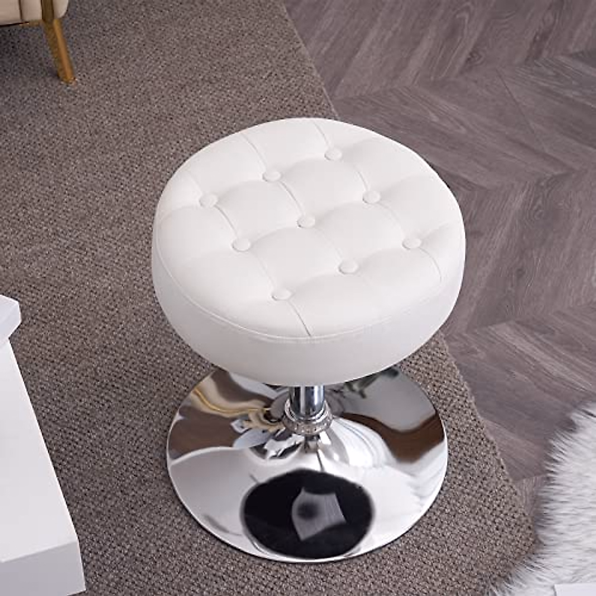 Furniliving Mid-Century Tufted Adjustable Swivel Makeup Ottoman Stool; Modern Big Size Round Vanity Stool Chair for Bedroom Living Room (White)