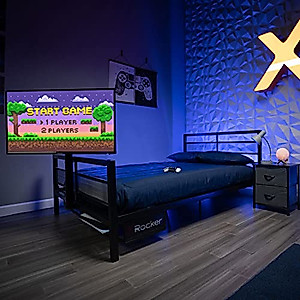 X Rocker Basecamp Gaming Bed Frame, with Rotating TV Mount, Storage, Metal Mesh Frame, 2111101, 80.63" x 37.68" x 42.8", Twin Size, Black