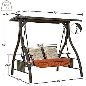 Patio Porch Swing 2 Person Adjustable Canopy Deluxe Hammock Swing Glider with Solar LED Light and 2 Sunbrella Cushions for Outdoor Garden, Balcony, Backyard by Domi outdoor living