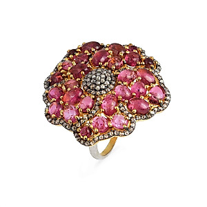 Certified Gemstone diamond Ring with 1.38 Carat Brown Natural Diamond (I2-I3 Clarity) and Precious 10.95 cts. Pink-Tourmaline 925 Sterling Silver Flower Ring For Women, Big Ring