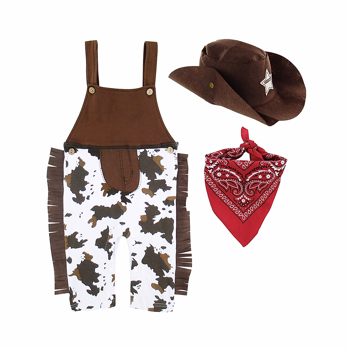 A&J DESIGN Halloween Baby Boys' Western Cowboy Romper Sets With Scarf And Hat (12-18 Months, Brown)