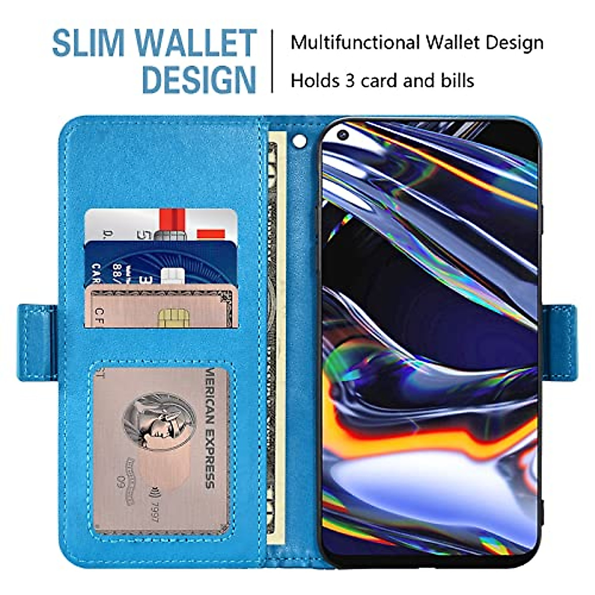 Asuwish Compatible with Oppo Realme 7 Pro Wallet Case and Tempered Glass Screen Protector Card Holder Stand Magnetic Wrist Strap Detachable PU Leather Flip Phone Cover for Realme7 7Pro Women Men Blue