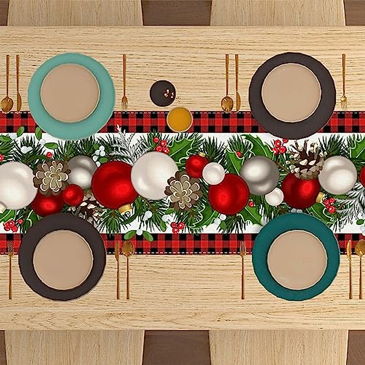 Linen Red and Black Buffalo Check Plaid Christmas Table Runner 72 Inches Long Seasonal Winter Christmas Xmas Holiday Farmhouse Style Table Decoration