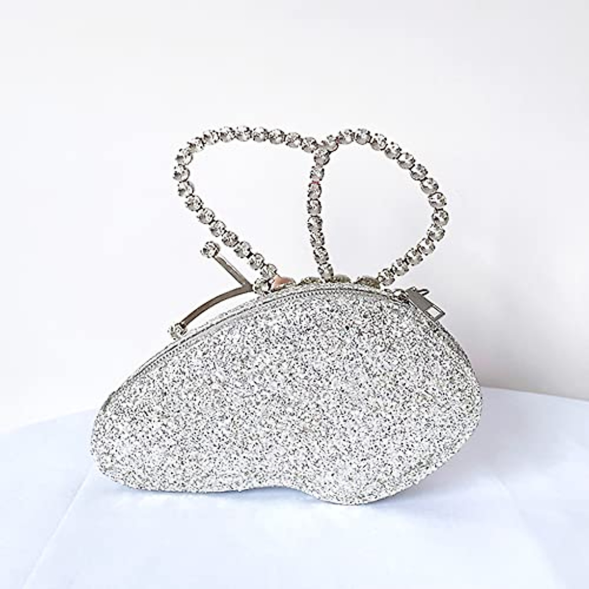 Rejolly Butterfly Clutch Purse for Women Evening Bag PU Leather Glitter Sparkly Crystal Rhinestone Bling Handbag with Chain Strap for Prom Cocktail Party Wedding Silver Glitter