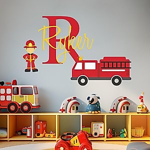 CRYPTONITE Personalized Name & Initial Firetruck Wall Decals for Kids Rooms I Baby Boy Nursery Decor I Toddler Boy Room Decor Firetruck I Firetruck Birthday Decorations (Wide 30"x 19" Height)