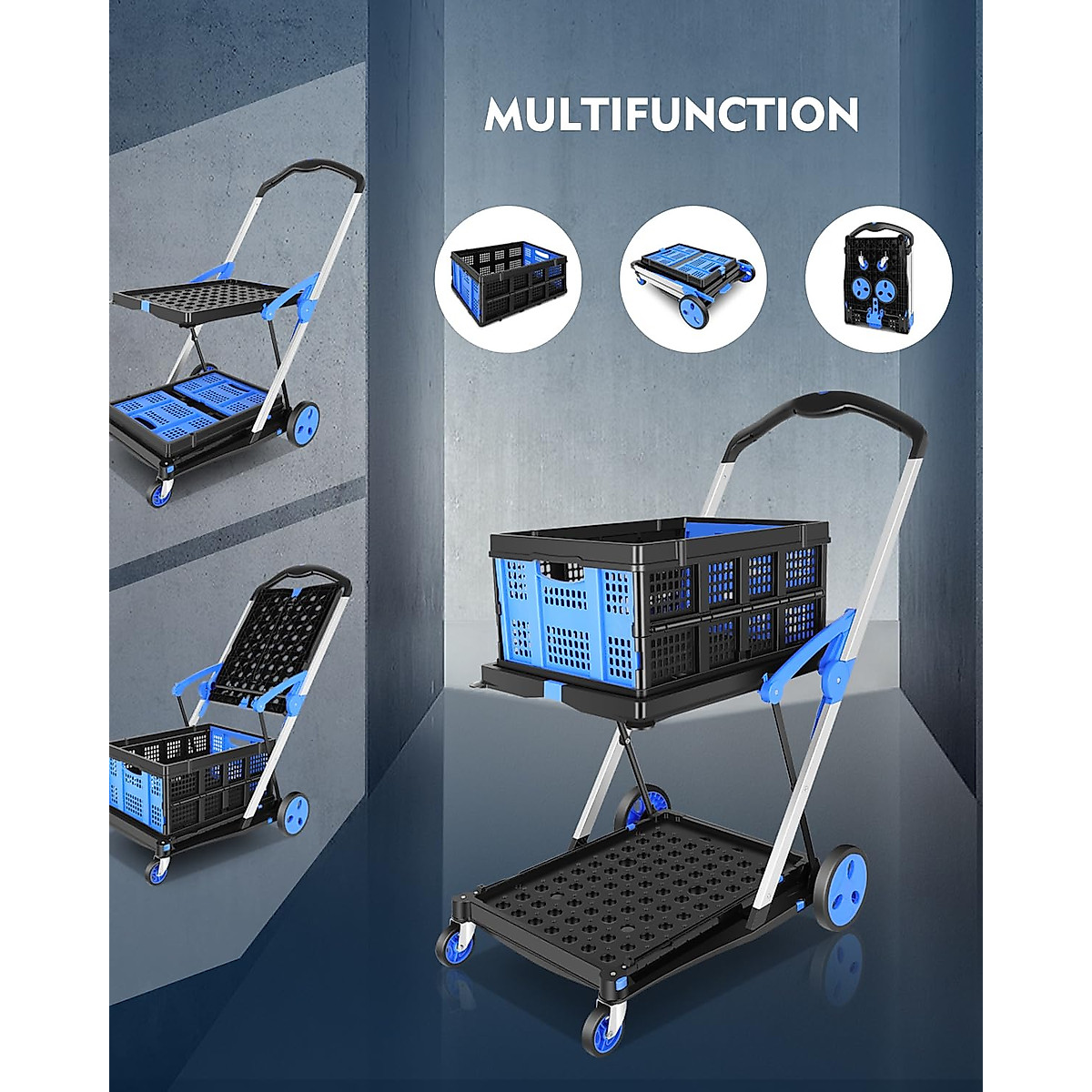 Collapsible Utility Cart Multi Use Functional Collapsible Shopping Carts 2-Tier Collapsible Shopping Cart with Baskets Carrito para Supermercado con Ruedas