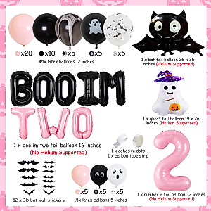 Halloween 2nd Birthday Decorations for Girl Black Pink White BOO IM TWO Balloon Garland Arch Kit Bat Ghost Number 2 Balloons with 3D Bat Wall Stickers Halloween Spooky Second Birthday Supplies