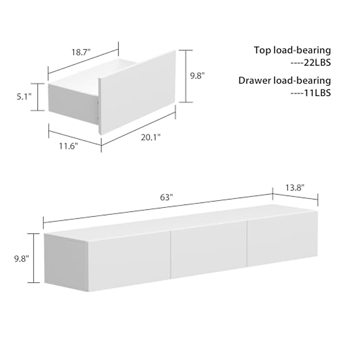 AIEGLE Floating TV Stand Wall Mounted, Non-Glossy Entertainment Center with 3 Drawers & 16-Color LED Lights, Modern TV Cabinet Console Shelf, White 63" W