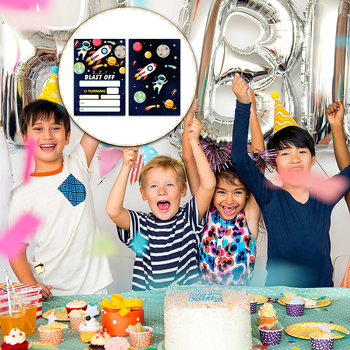Buildinest Outer Space Birthday Party Invitations with Envelopes (20-Pack), 4"x6" Planets Rocket Ship Astronaut Birthday Invitation Cards, Galaxy Blast Off Party Invites-B17