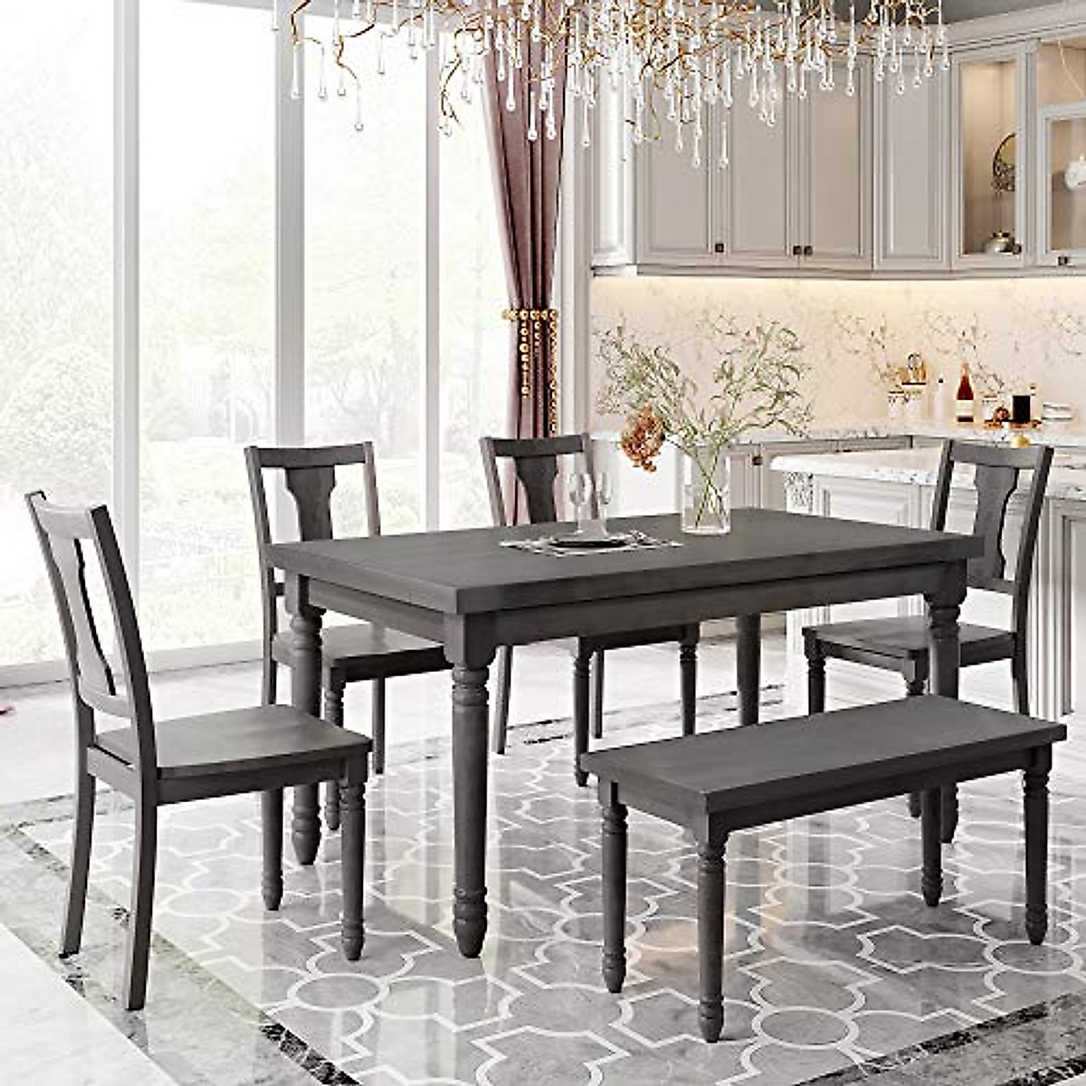 SweetFm Table & Chair Wooden Rectangular Dining Table, Farmhouse Rustic 6-Piece Kitchen Set with 4 Upholstered Chairs and 1 Bench,Gray, 60in, Grey