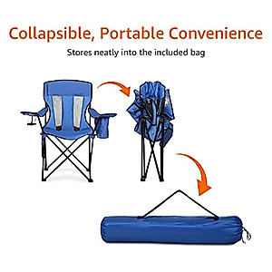 Amazon Basics Portable Camping Chair with 4-Can Cooler, Side Pocket, Cup Holder, and Carry Bag, Collapsible for Camping, Tailgates, Beach, and Sports, Large, Mesh Back, Blue