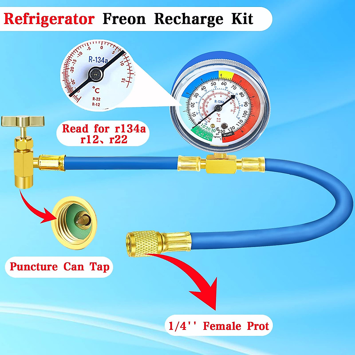 R134A Refrigerator Freon Recharge Hose Kit-R134a AC Refrigerant Charging Guage Hose Set with BPV31 Bullet Piercing Tap Valve and R134a Self-Sealing Adapter, for Home A/C Refrigerant System (Red)