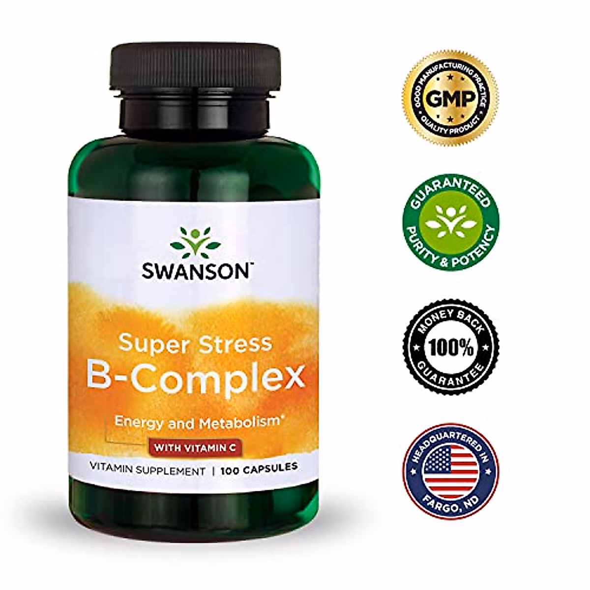 Swanson Vitamin B-Complex w/ Vitamin C - Natural Supplement Promoting Stress Relief, Energy Support & Aiding Immune Health - May Support Metabolism & Nervous Health - (100 Capsules)