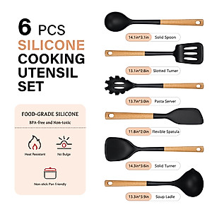 Kitchen Utensils Set, Hvygss Black Silicone Cooking Utensils Set with Wooden Handle Heat Resistant Large Silicone Utensil Set Spoons Spatula Set