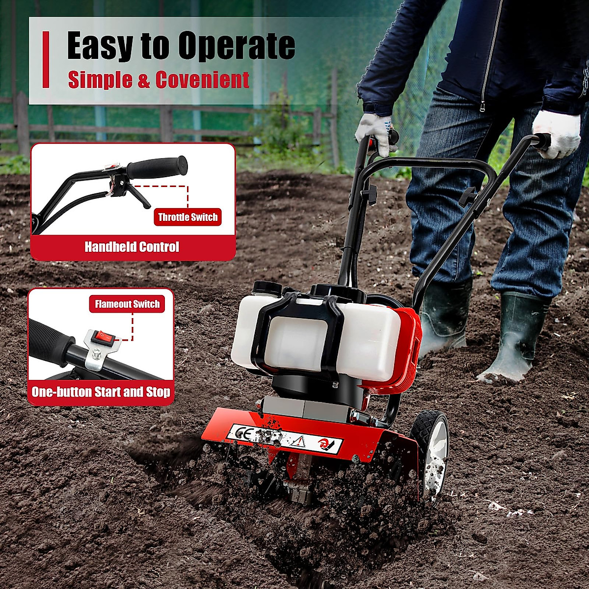 WUPYI Commercial 52cc Gas Powered Mini Tiller Cultivator Farm Plant Garden Yard Lawn Tilling,2HP 2-Stroke,1.45KW