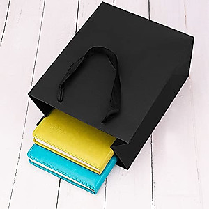 24 pcs Kraft Gift Bags Bulk Meduim Size 8"x4.75"x10", Black Kraft Paper Shopping Bags with Ribbon Handles, Party Favor Bags, Shopping Bags, Retail Bags, Wedding Bags, Merchandise Business Bags