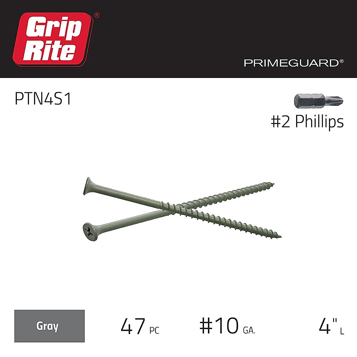 Grip-Rite PTN4S1 PG10 Polymer Coated #10 x 4 Coarse Thread Deck Screw, Gray, 1lb Box