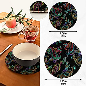 KEEPREAL Classic Embroidery Asian Dragon Trivet Pot Holder - Round Woven Potholders Set - Pure Cotton Braided Hot Pads - Coasters Table Mats for Cooking and Baking, 2-Pcs