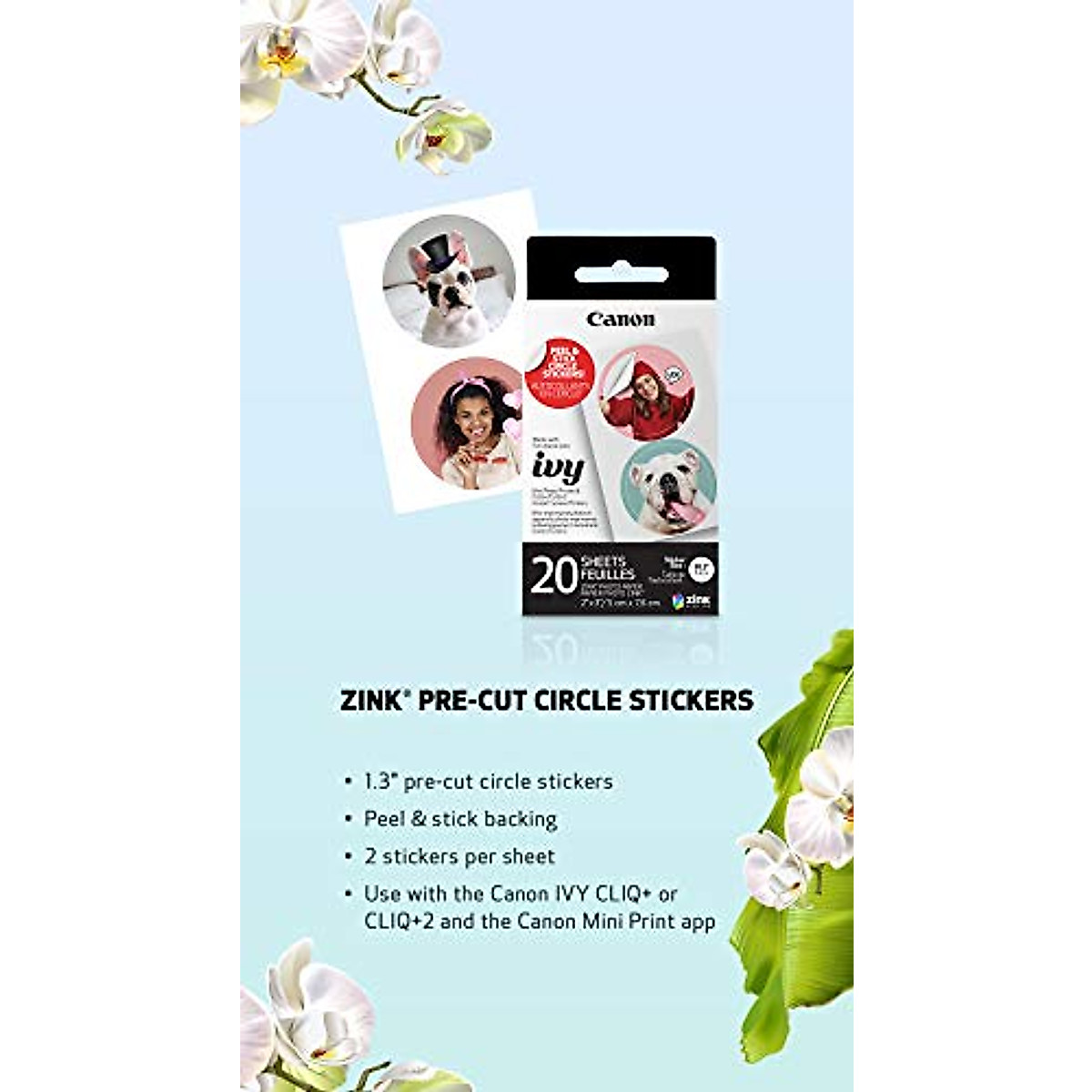 Canon IVY ZINK Pre-Cut Circle Sticker Paper, 20 Sheets