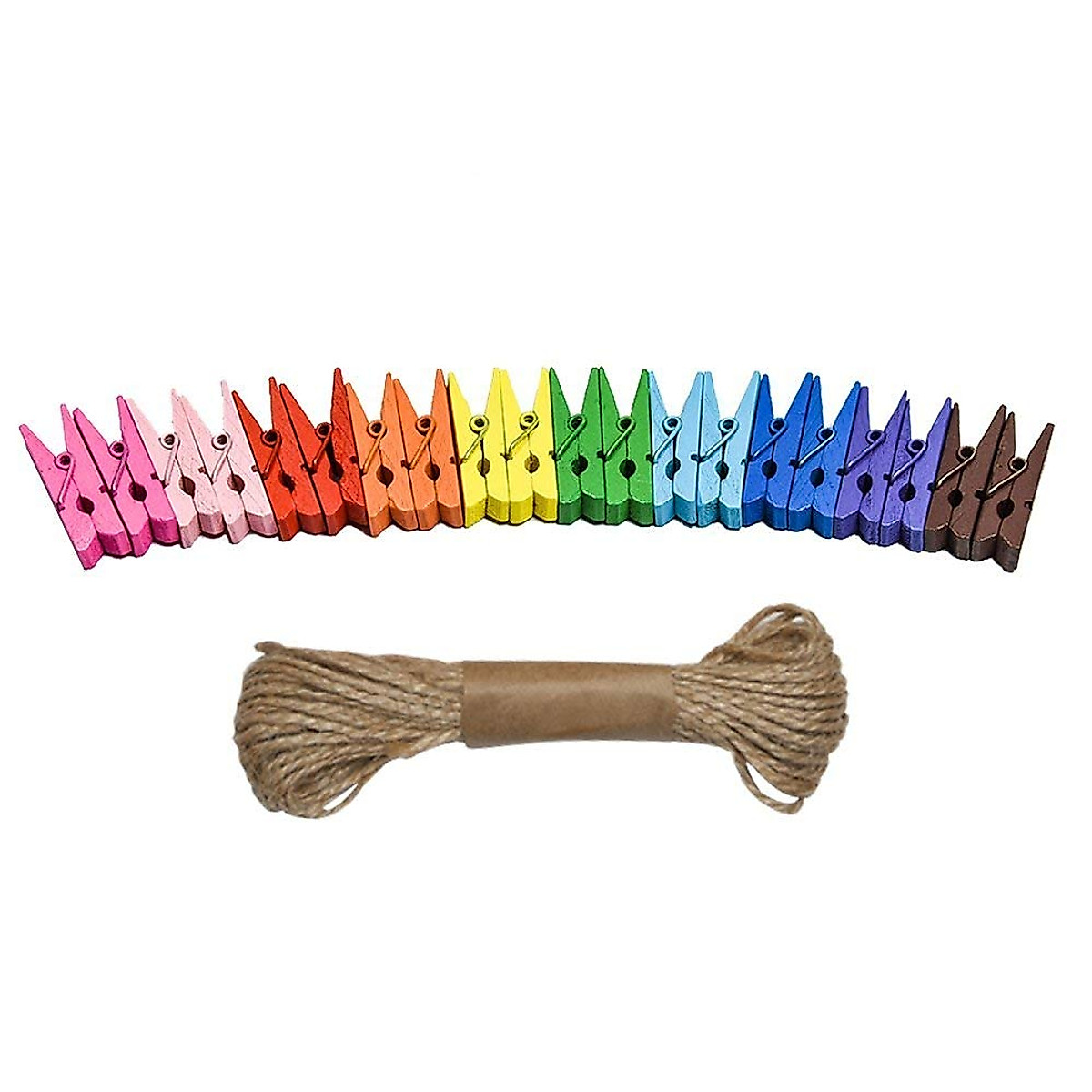 EBOOT Mini Natural Wooden Clothespins Photo Paper Peg Pin Craft Clips with Natural Twine, 100 Pieces (10 Colors)
