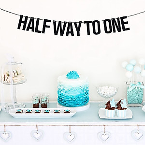 Black Glitter Half Way to One Banner for Baby's 6 Months Birthday Party Decorations, Baby Shower Birthday Party Favor Supplies