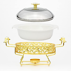 13inch Buffet Food Tray Stainless Steel Chafing Buffet Dish Round Chafer Full Size Food Warmer Heating Pan Large Capacity Serving Tray with Lid for Home Restaurant Canteen Warm Buffet Server,Gold