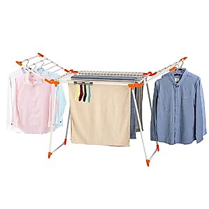 YUBELLES Clothes Drying Rack, Gullwing Laundry Rack, Collapsible, Space-Saving Laundry Rack, with Bonus Sock Clips, for Clothes, Towels, Linens, Indoor/Outdoor, Orange