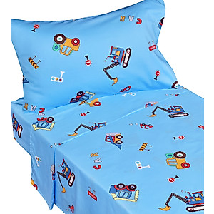 J-pinno Cars Vehicles Digger 100% Cotton 3 Pieces Cartoon Toddler Sheet Set for Kids Boys, Flat Sheet Fitted Sheet and Pillowcase, Cozy Breathable Unisex Nursery Crib Bedding Set (Blue Excavator)