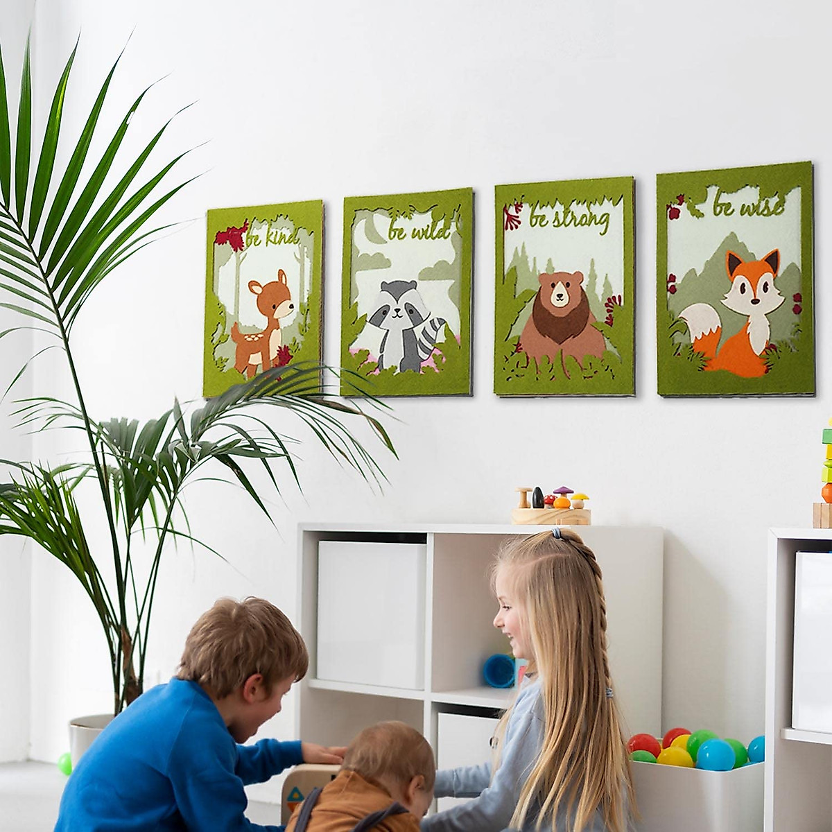 CHEFAN Multi-Layered Felt Woodland Nursery Decor for Boys and Girls, 4 Pack Baby Room Decor with Forest Animals- Bear Fox Raccoon Deer, Woodland Wall Decor for Nursery and Kids Bedroom(12"x9")