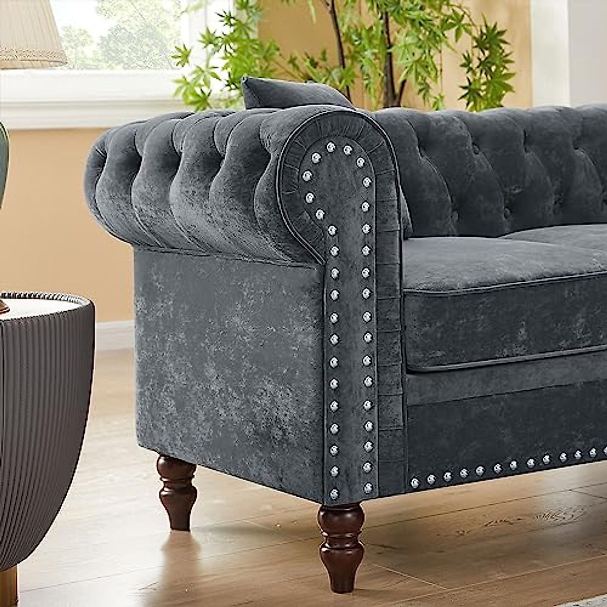 LSKTGA Velvet Convertible Sectional Sofa, Classic Chesterfield L-Shaped Sofa, with Deep Button Tufted Upholstered Roll Arm, 3 Pillows Included, Solid Wood Gourd Legs, Grey