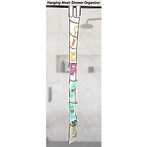 Home-X Hanging Mesh Organizer with Six Pockets, Shower Caddy with Hook and Loop Hanger for Shower Rod, 58" L x 7" W, White/Gray