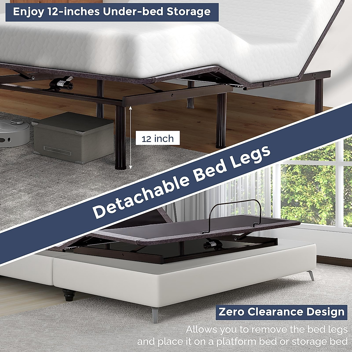 IULULU Adjustable Bed Frame, Full Adjustable Bed Base with Wireless Remote, Adjustable Leg Heights, Zero Gravity, Independent Head and Foot Incline, Zero Clearance, Easy Assembly