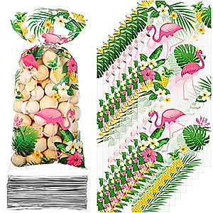 Geyee 100 Pieces Flamingo Cellophane Treat Bags Hawaiian Themed Candy Bags Tropical Pink Flamingos Palm Tree Pineapple Goodie Bags with 100 Pieces Silver Twist Ties for Teens Birthday Party Supplies