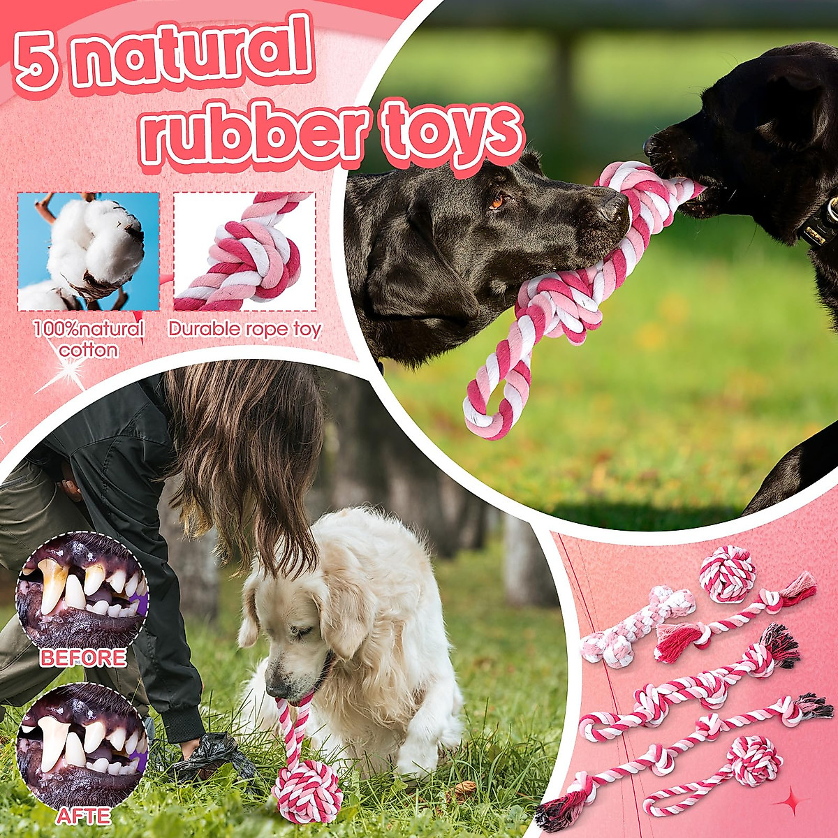 Vinsot 12 Pack Large Dog Chew Toys for Aggressive Chewers Pink Large Dog Teething Toys with Dental Rope Toys, Squeaky Toys, Treat Balls and Chew Bone for Medium, Large X-Large Breeds Dogs