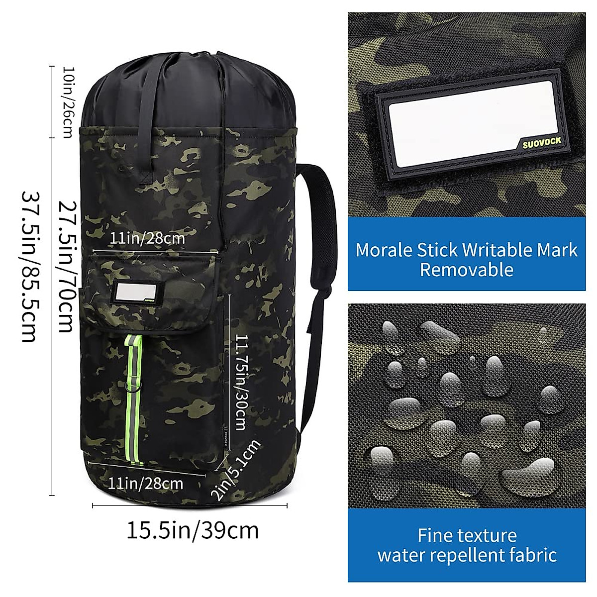 SUOVOCK laundry bag backpack, extra-large heavy duty laundry bags, laundry backpack for college students,Designed with reflective strips and ID Patches（Black CP）