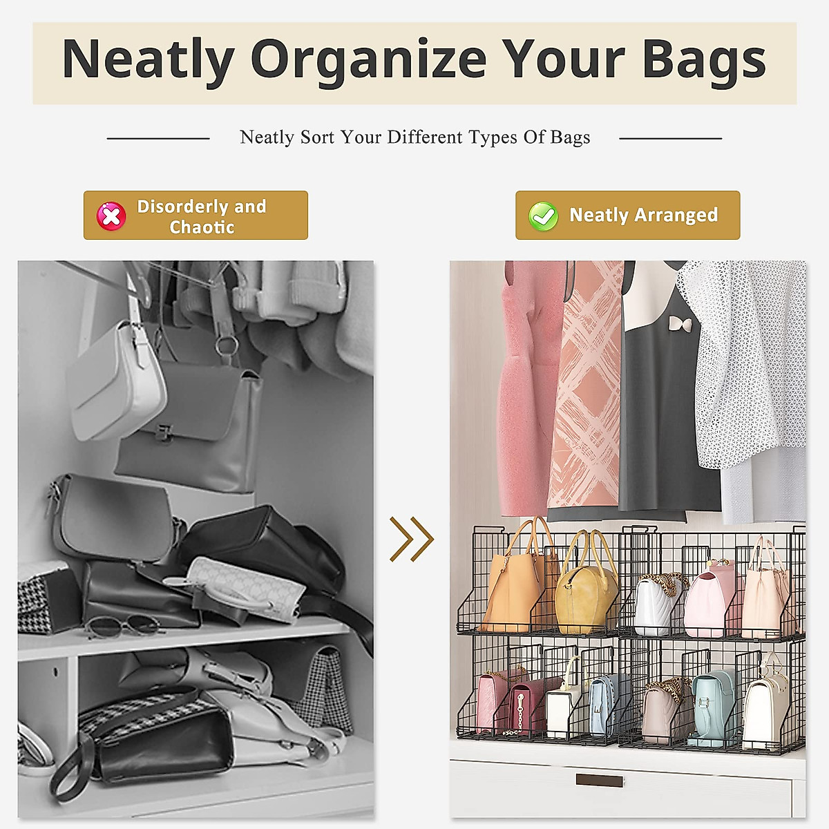 Sonyabecca Purse Storage Organizer for Closet:Adjustable Dividers Handbag Organizer,Stackable Wire Handbags Storage Baskets-Small and Medium-Sized Wallets Tote Chain Bags Clutches