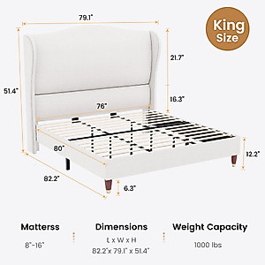 HALLYBEE 51.4" H King Size Bed Frame with Headboard Lined Fabric Upholstered Platform Bed Frame Wingback Design Chic and Elegant Bed Frame No Box Spring Needed, Mattress Foundation, White