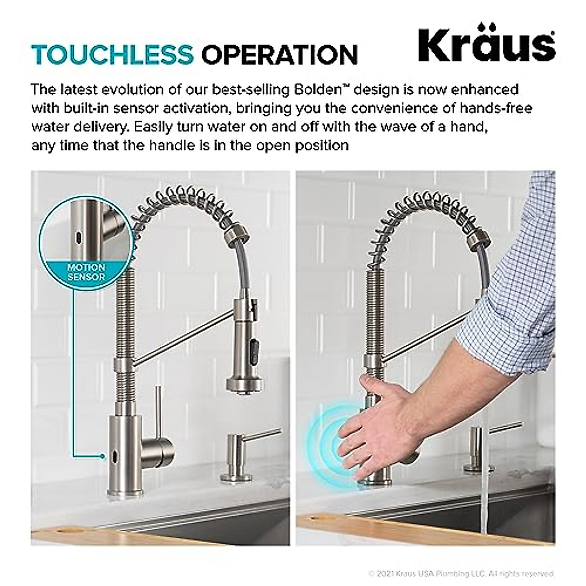 KRAUS Bolden Touchless Sensor Commercial Style 2-Function Single Handle Pull Down Kitchen Faucet in Matte Black, KSF-1610MB