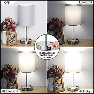 SHINE HAI Touch Control Table Lamp, 3 Way Dimmable Bedside Desk Lamp with 2 USB Ports and AC Outlet, Nightstand Lamp for Bedroom Living Room, Modern Office Lamp, Silver Base, 60W LED Bulb Included