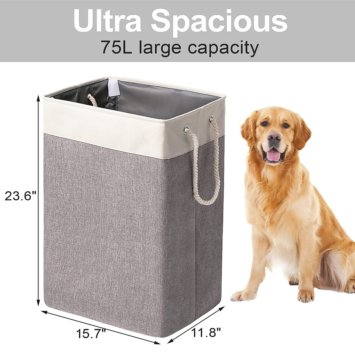 ELONG HOME Laundry Basket 2 Pack, 75L Laundry Hamper with Support Rods and Rope Handles, Freestanding Laundry Baskets, Linen Hampers for Laundry Room Bathroom Bedroom, Grey+Beige