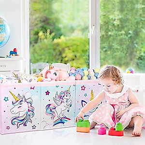 Unicorn Toy Box Chest – Large Toy Chest Organizer with Flip-Top Lid Collapsible Sturdy Storage Bin with Handles 38 x 13 x 16 Inch for Kids Girls Pink Closet Nursery Living Room Bedroom Playroom