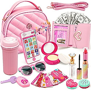 Kids Pretend Play Little Girl Purse Accessories, Princess Toy Cell Phone Fake Makeup Handbag Wallet Sunglasses Keys Credit Card Water Bottle Birthday Gifts Toys for 3 4 5 6 7 8 9 10+ Year Old Girls