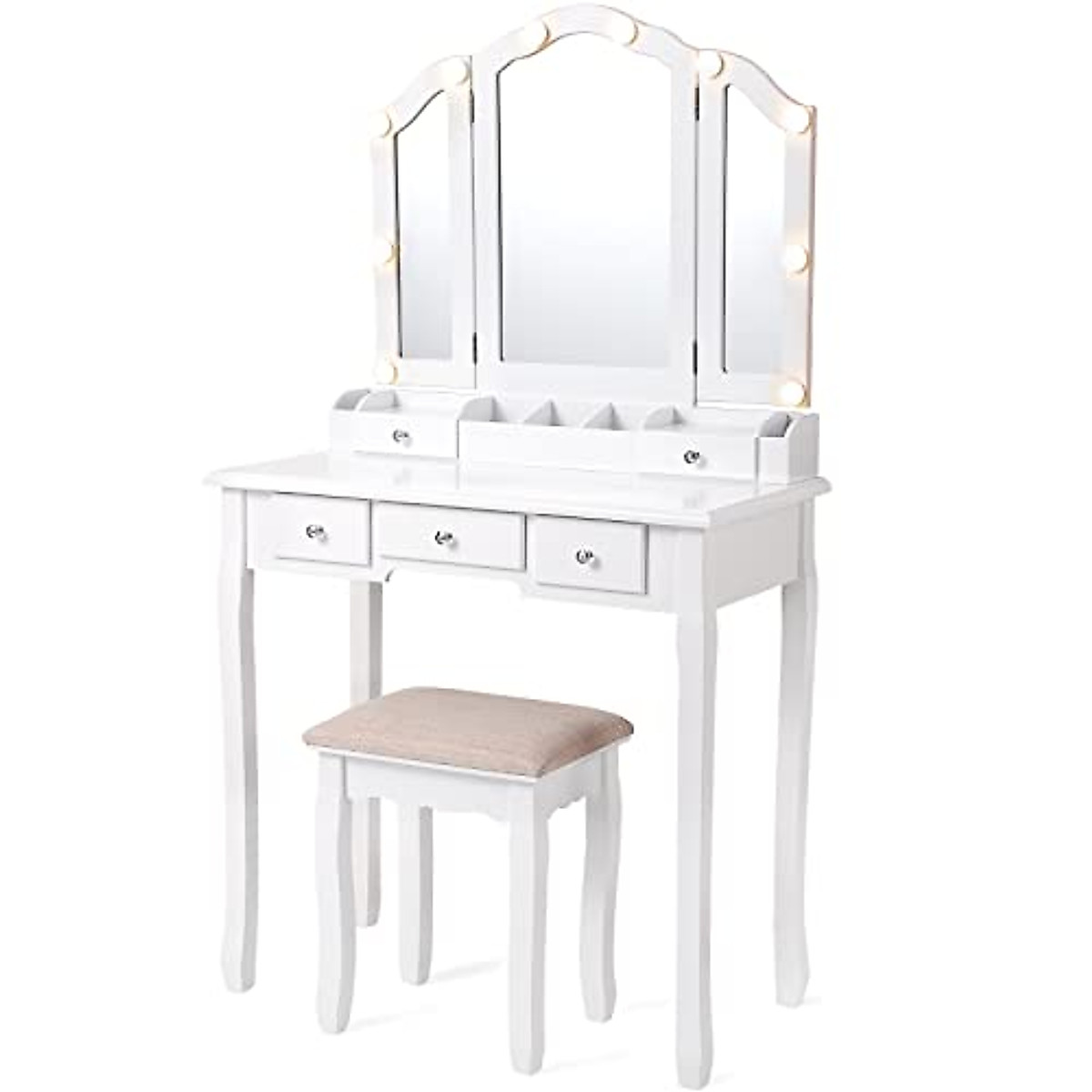 Vanity Desk with Mirror and Lights Makeup Vanity with Lights and Tri-Folding Mirror,Vanity Table with Lights,Makeup Vanity with Drawers,Vanity Mirror with Lights Desk and Chair Makeup Desk for Girl