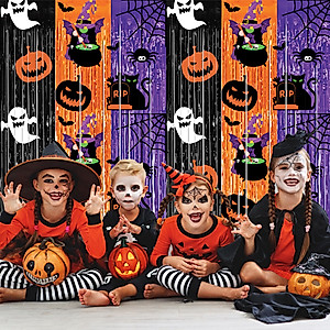 Foil Fringe Curtains Halloween Party Decorations, 2 Pack 3.3 x 6.6 FT Black Orange Purple Tinsel Fringe Curtain Halloween Decor Indoor Photo Backdrop Streamers for Halloween Birthday Party Decorations
